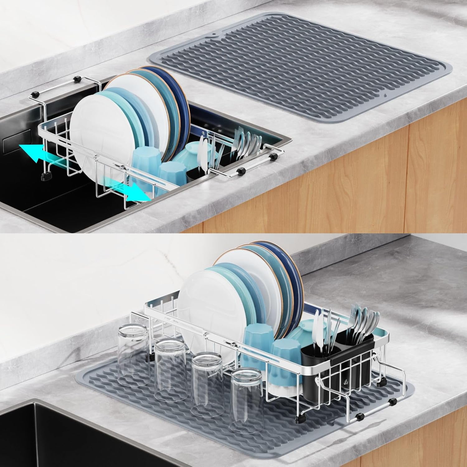 Expandable in Sink Dish Drying Rack Small with Silicone Mat - Stainless ...