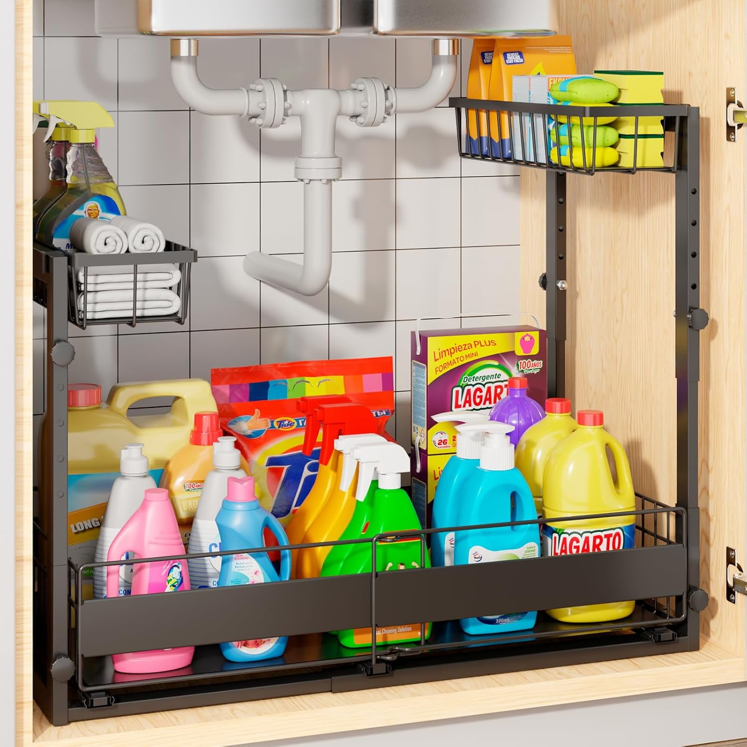 Expandable Under Sink Organizer with 5-Level Height Adjustment,2 Tier ...