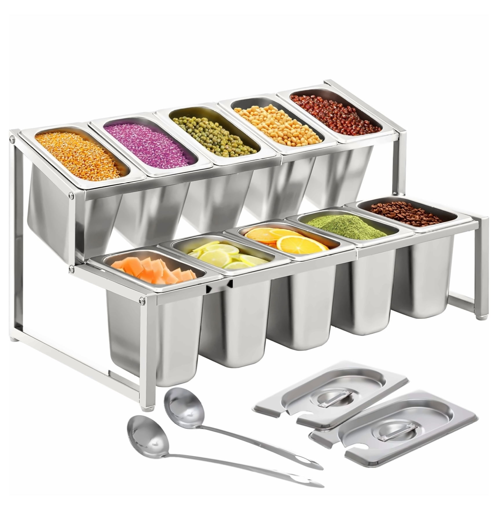 Expandable Spice Rack 2-Tier, Stainless Steel Organizer with 10 Pans ...