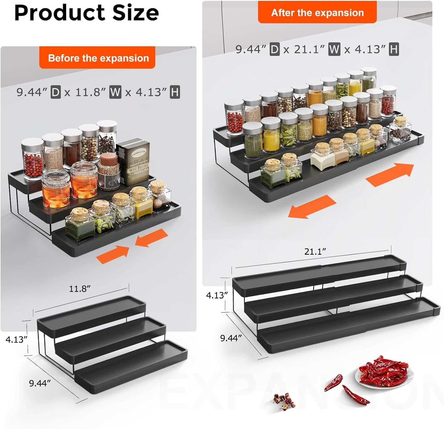 Expandable Spice Rack Organizer For Cabinet - 3 Tier Adjustable Cabinet ...