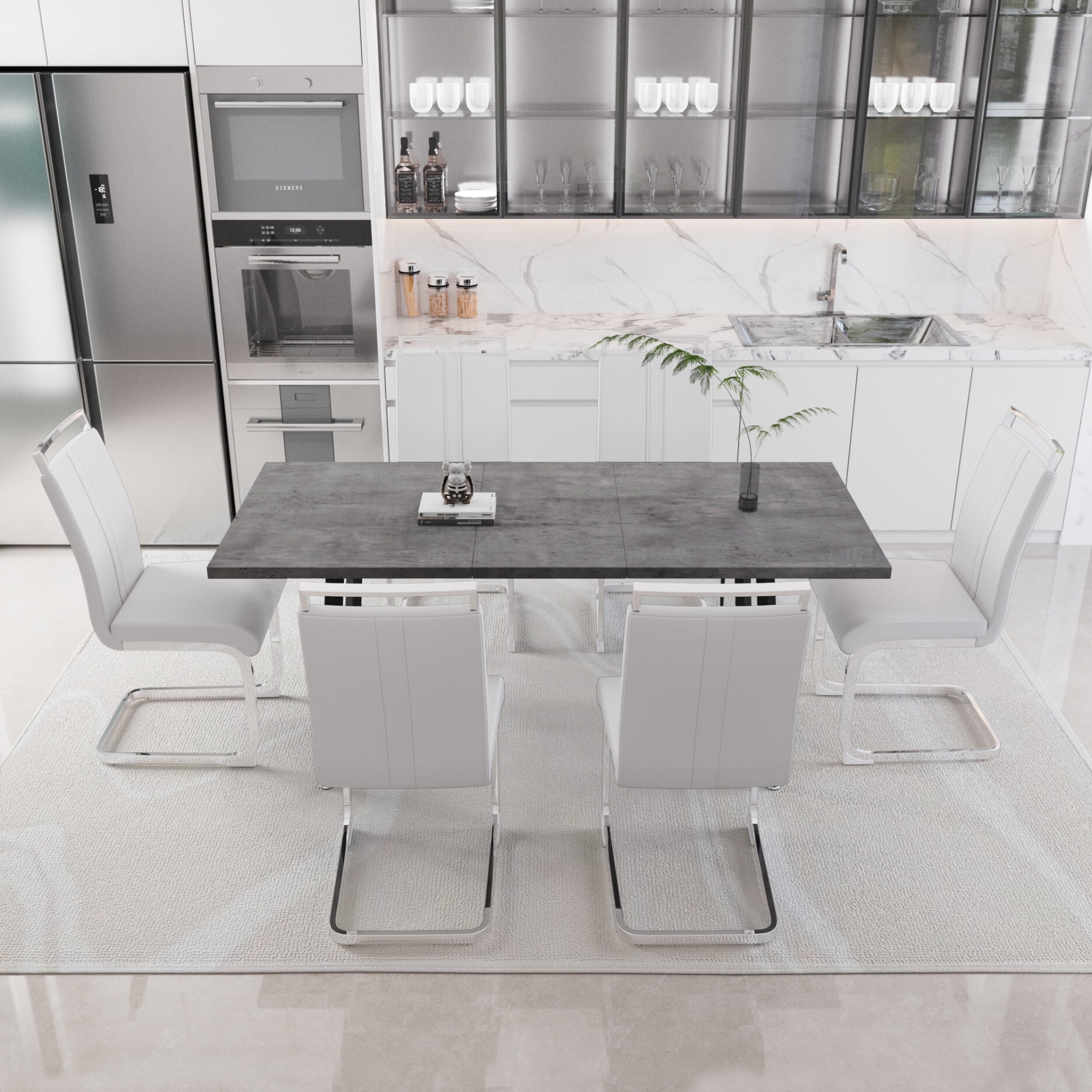 Expandable Square Dining Table Set with 6 PU Leather Chairs for 4-6 ...