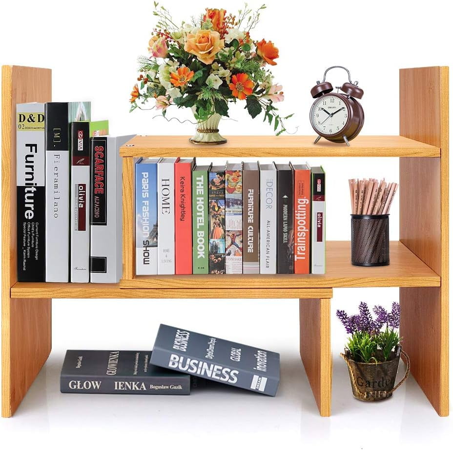 Expandable Wood Desktop Bookshelf Desktop Organizer Office Storage Rack ...