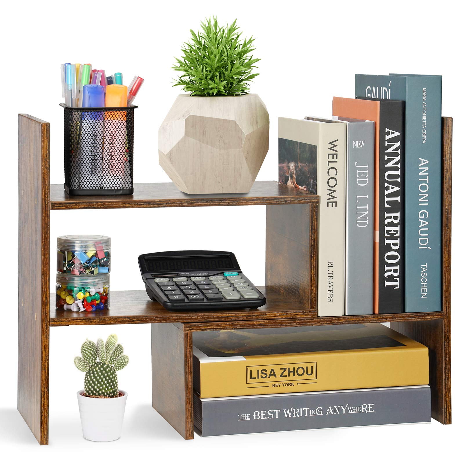 Expandable Wood Desktop Bookshelf Desktop Organizer Office Storage Rack ...