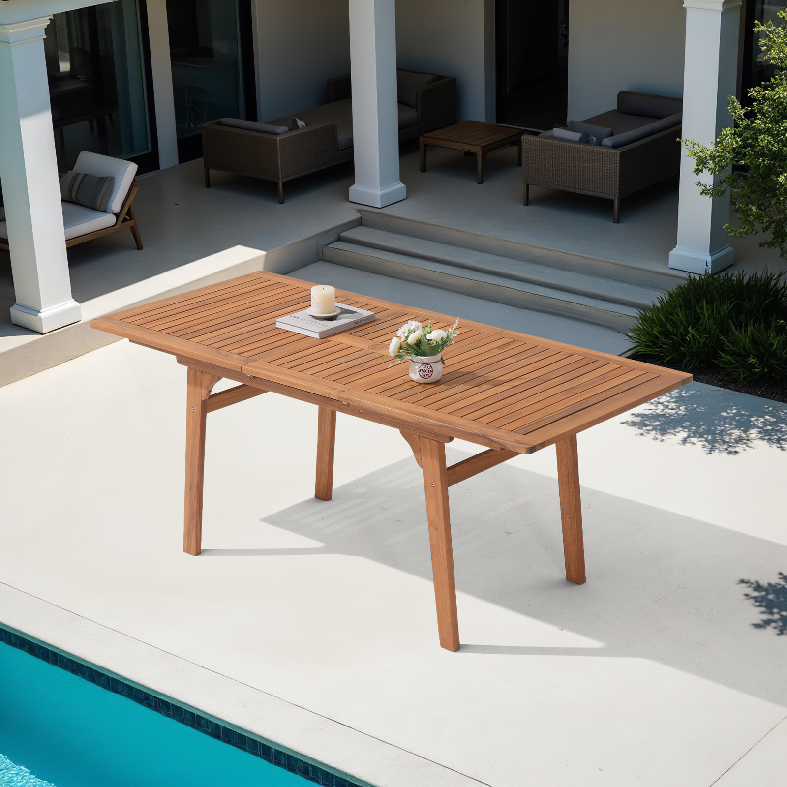 Expandable Wooden Outdoor Dining Table, Adjustable Patio Table with ...