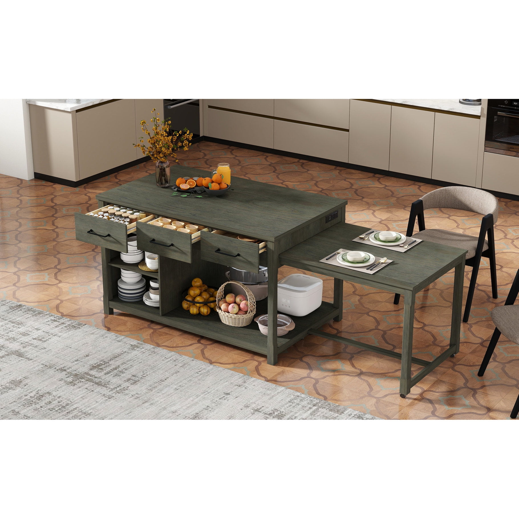 Expandable island with hidden extension, power outlets | Good for ...