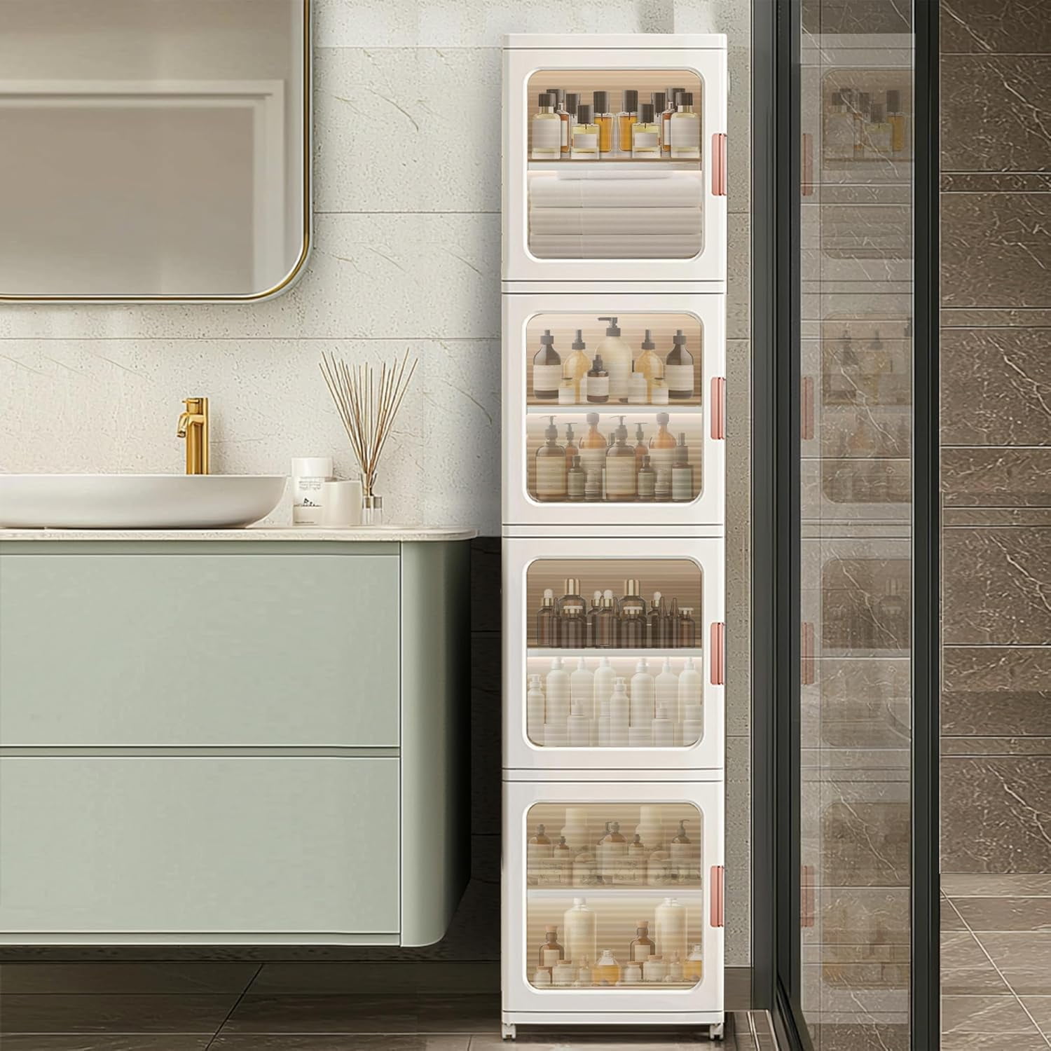 Expanded Tall Narrow Storage Cabinet with Transparent Doors and Movable ...