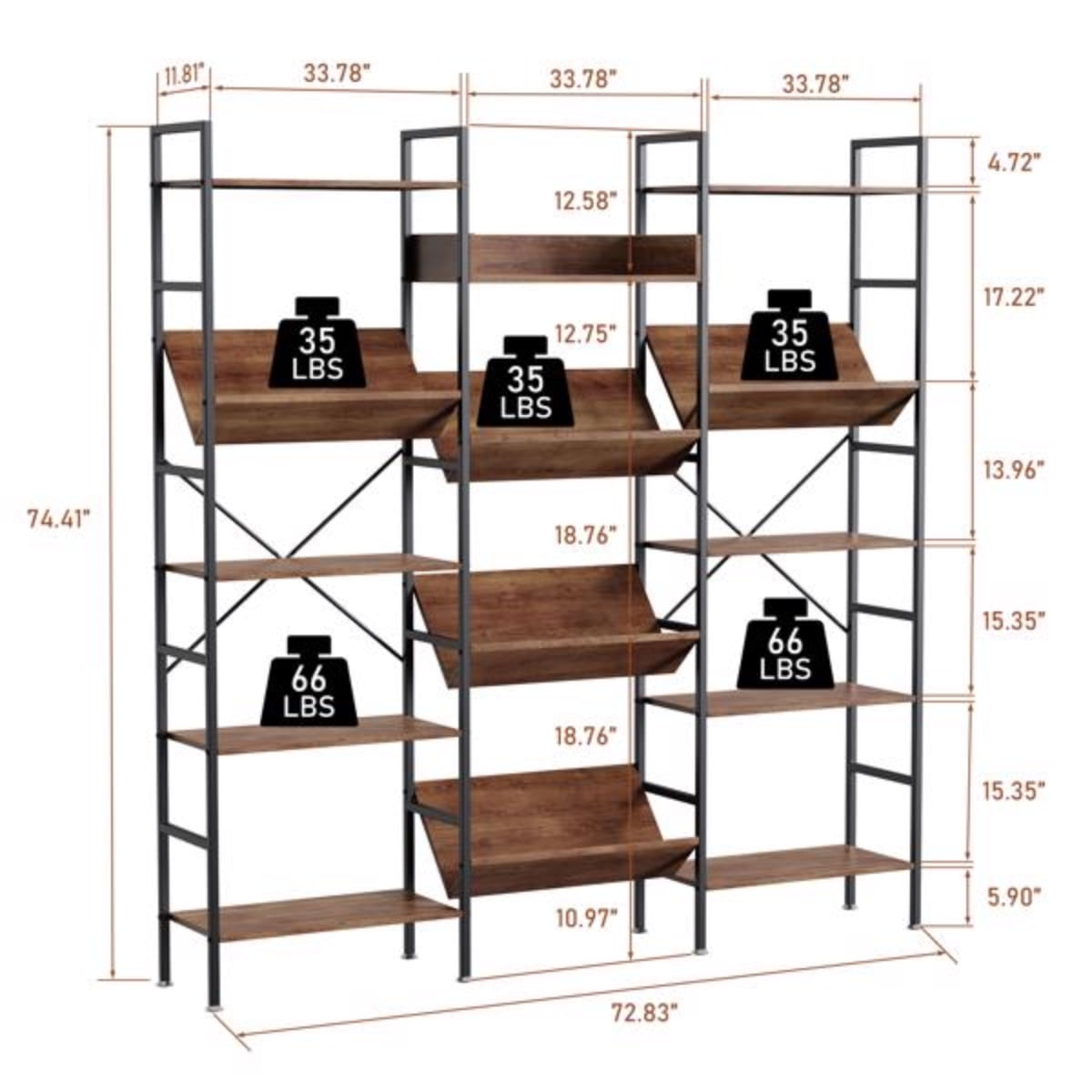 Expansive Triple Wide 5 Tier Tall Bookcase with 14 Open Display Shelves ...