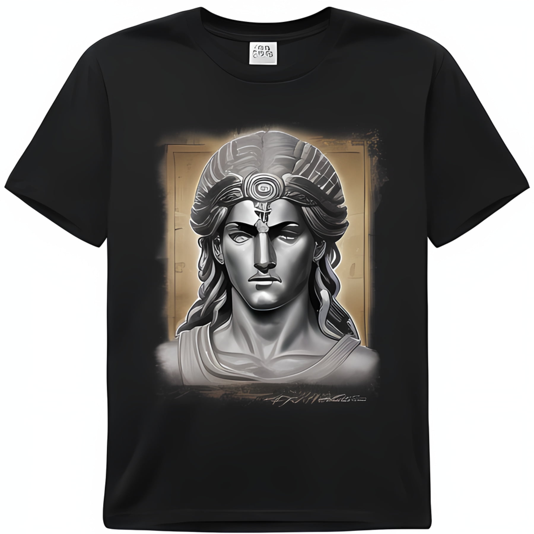 Experience Mythical Elegance: Black T-Shirt with Greek God Statue ...