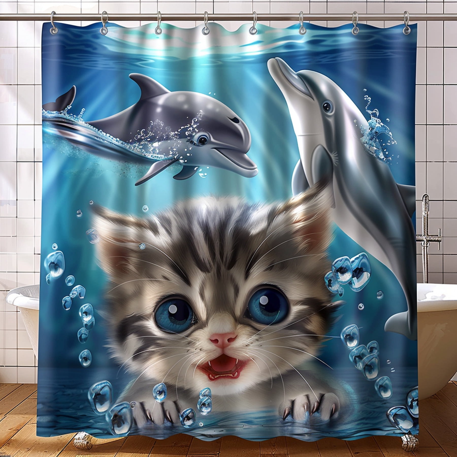 Experience The Magic Cute Kitten Swimming With Dolphins Shower Curtain