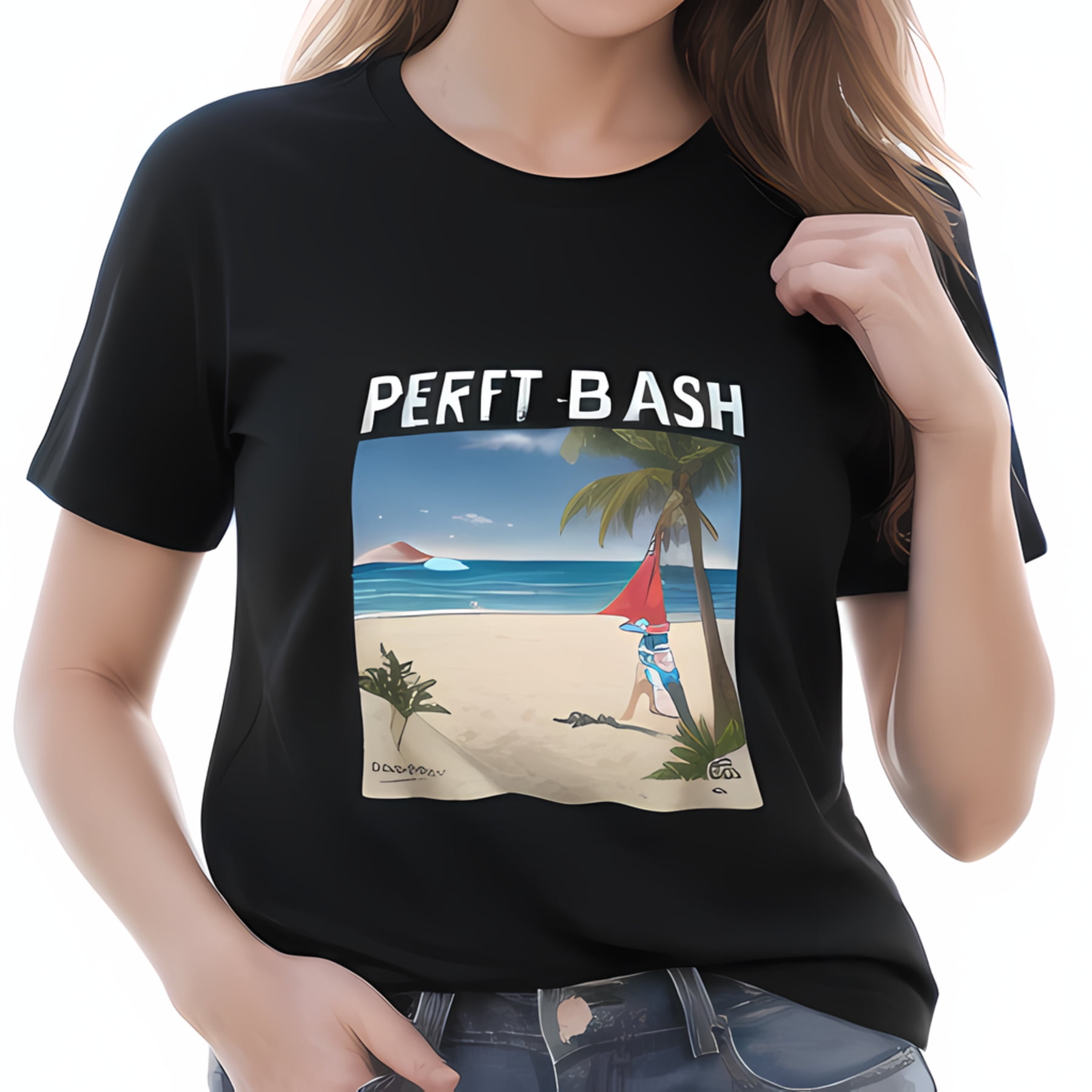 Experience the Magic of 'Perfect Bash' on Black T-Shirts Stunning Beach Scene with Surfer and ...