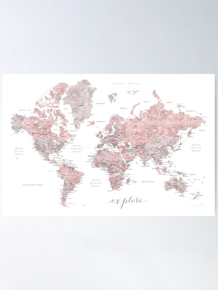 Explore - Dusty pink and grey watercolor world map, detailed Poster ...