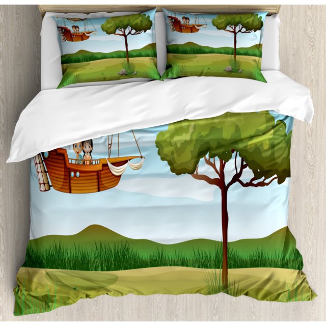 Explore Queen Size Duvet Cover Set, Girl and Boy on a Zeppelin Flying ...
