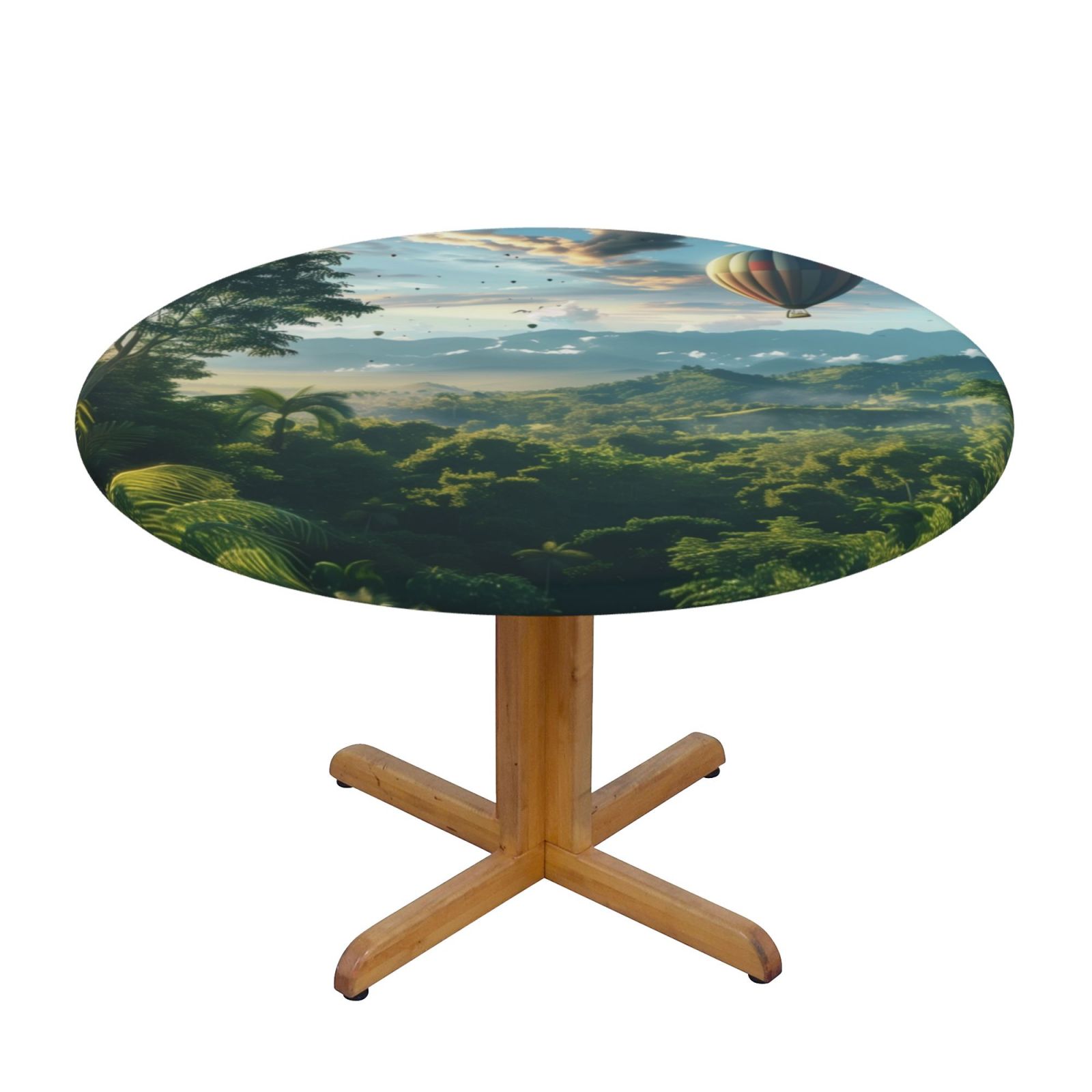 Exploring the jungle with a hot air balloon Round Fitted Tablecloth with Elastic , 100% Plastic ...