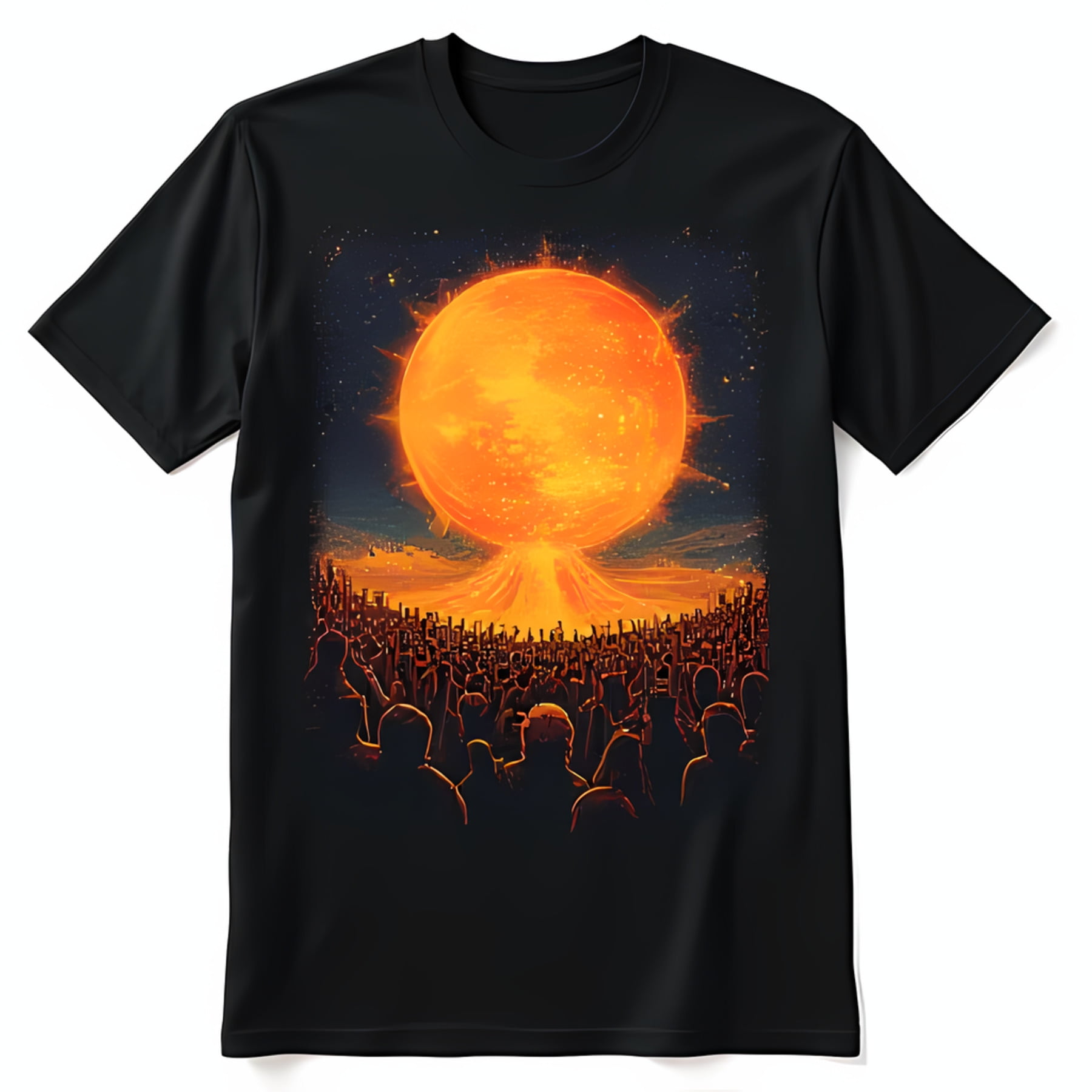 Explosion Graphic Black T-Shirt Fiery Design with Silhouetted Crowd ...