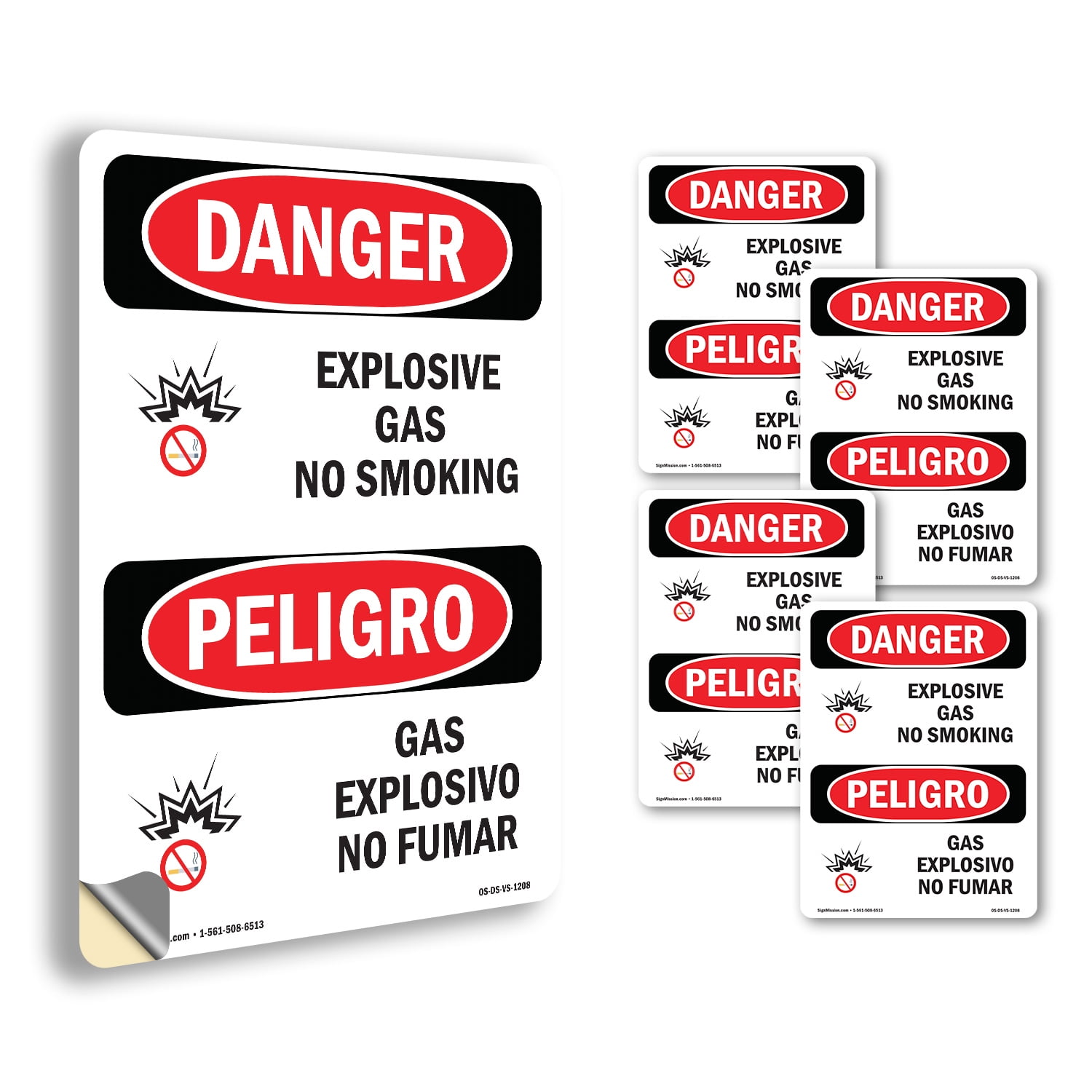 Explosive Gas No Smoking Bilingual OSHA Danger Vinyl Decal Label 24 ...
