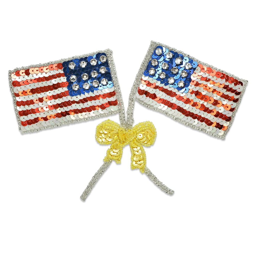 Expo Int'l Double USA Flags with Gold Bow Sequin Applique/Patch ...