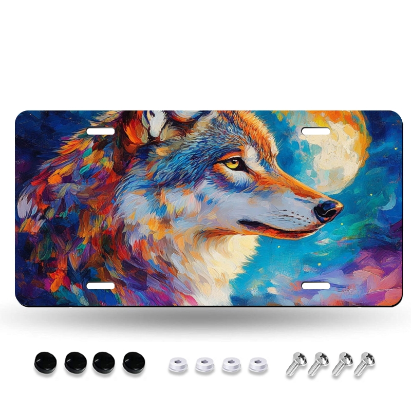Expressionist - Style Wolf with Lunar Background License Plate Frame ...