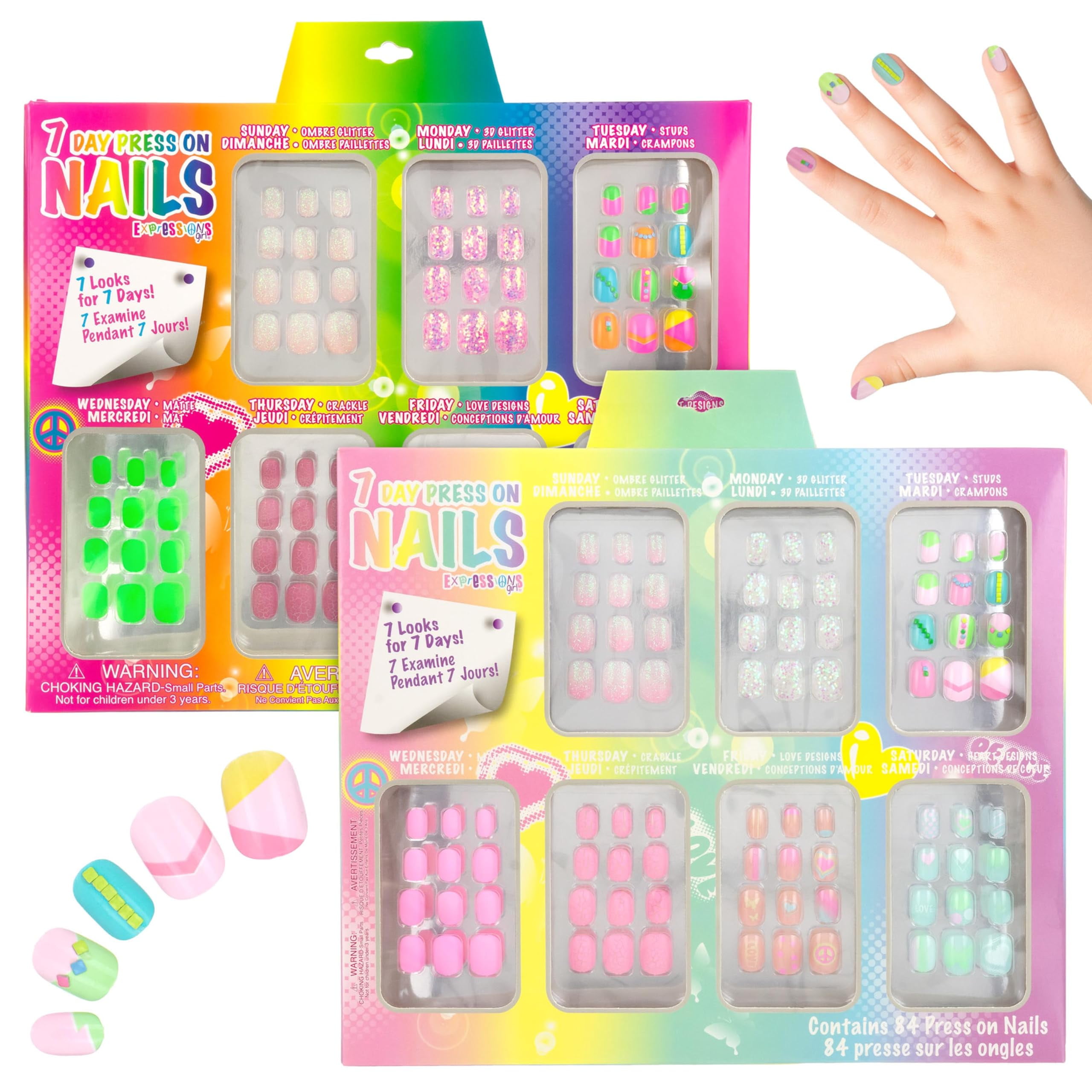 Expressions Girl 7 Day Manicure Collection - 84PC Press On Nail Set, Day-of-The-Week Adhesive ...