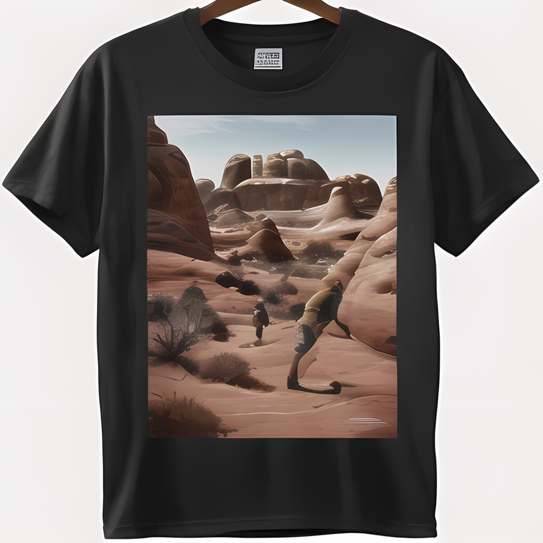 Expressive Stencil Style Desert Scene Graphic Black T-Shirt Detailed ...