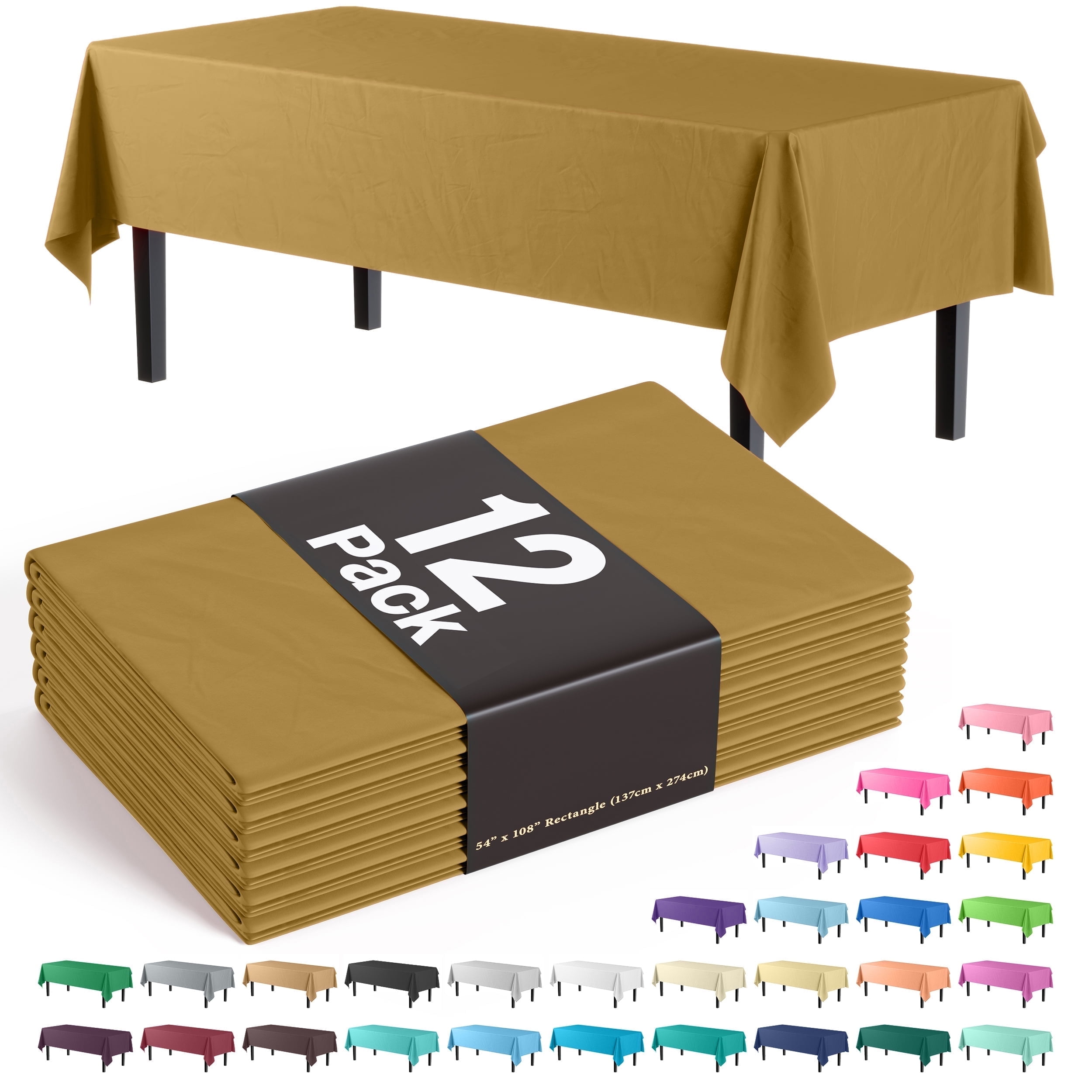 "Exquisite Premium Gold Plastic Tablecloth 12 Pack, Rectangular 54"" x ...