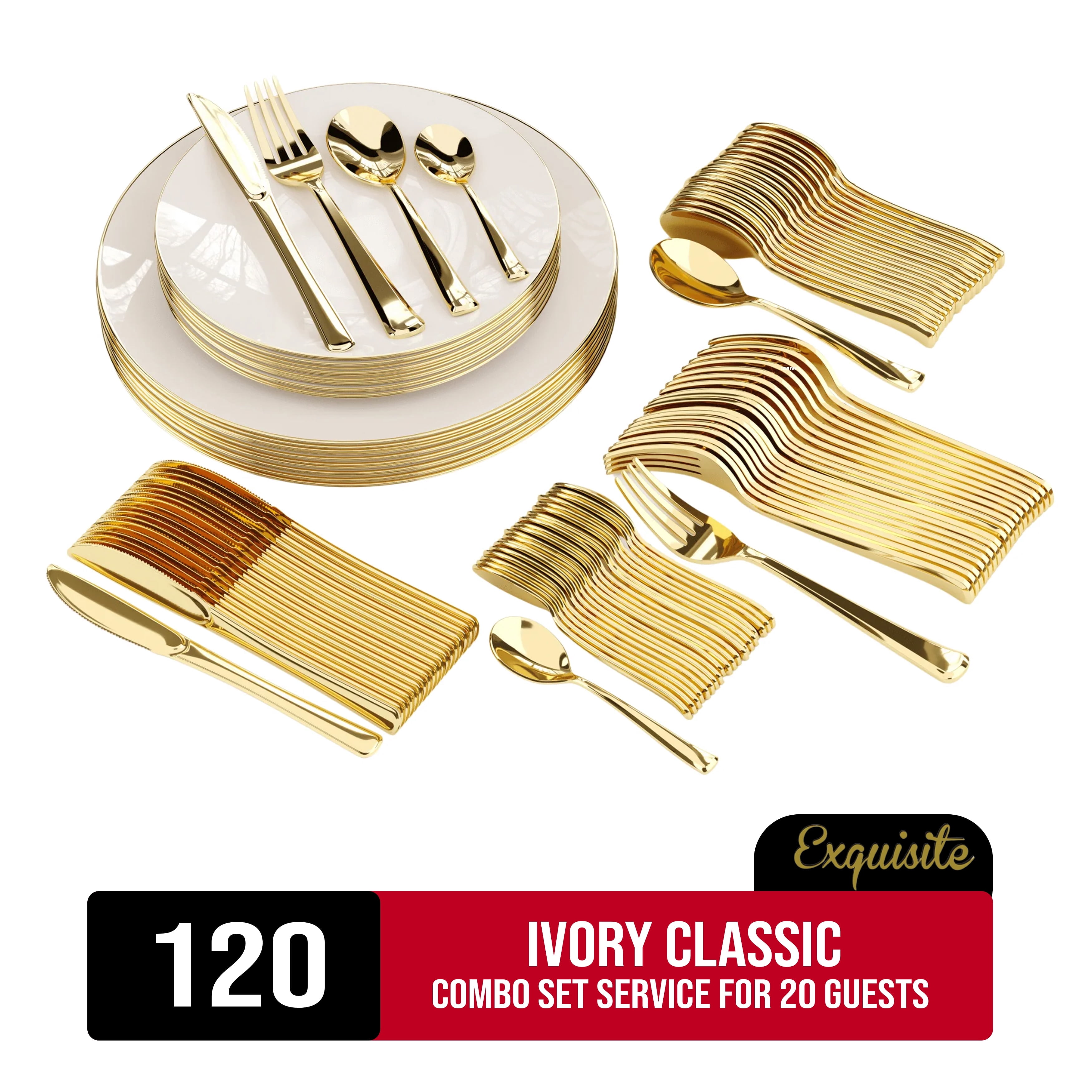 Exquisite 120 Piece Ivory Classic Plastic Combo Set | Serves 20 Guests ...