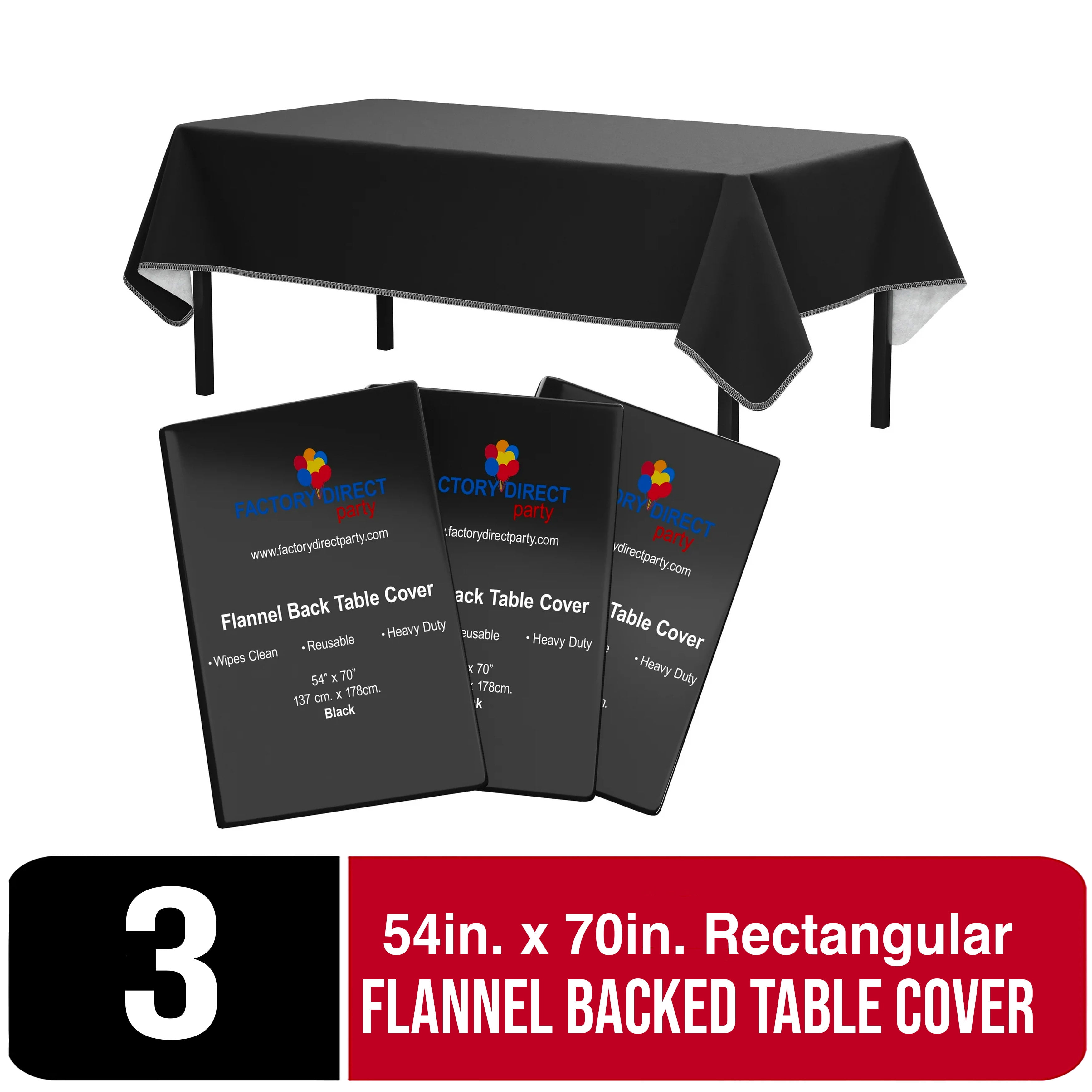 Exquisite 3 Pack 54" x 70" Black Rectangular Flannel Backed Table Cover ...