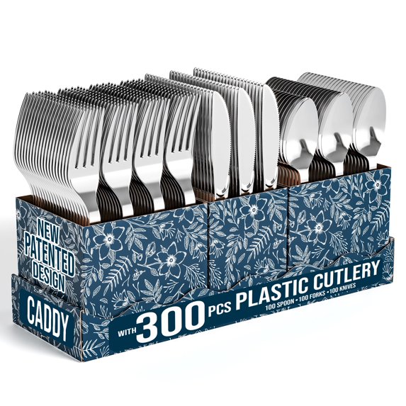 Exquisite 300 Ct Silver Plastic Silverware Set with Floral Caddy, Heavy ...
