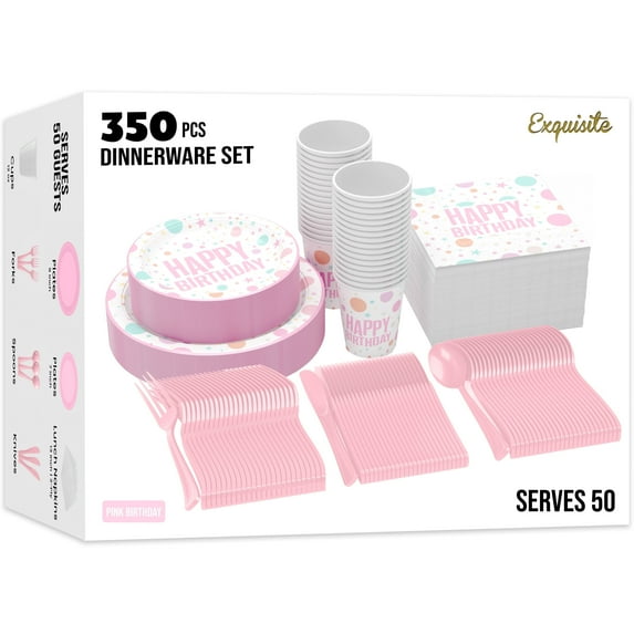 Exquisite 350 Piece Pink Birthday Paper Party Plates & Tableware ...
