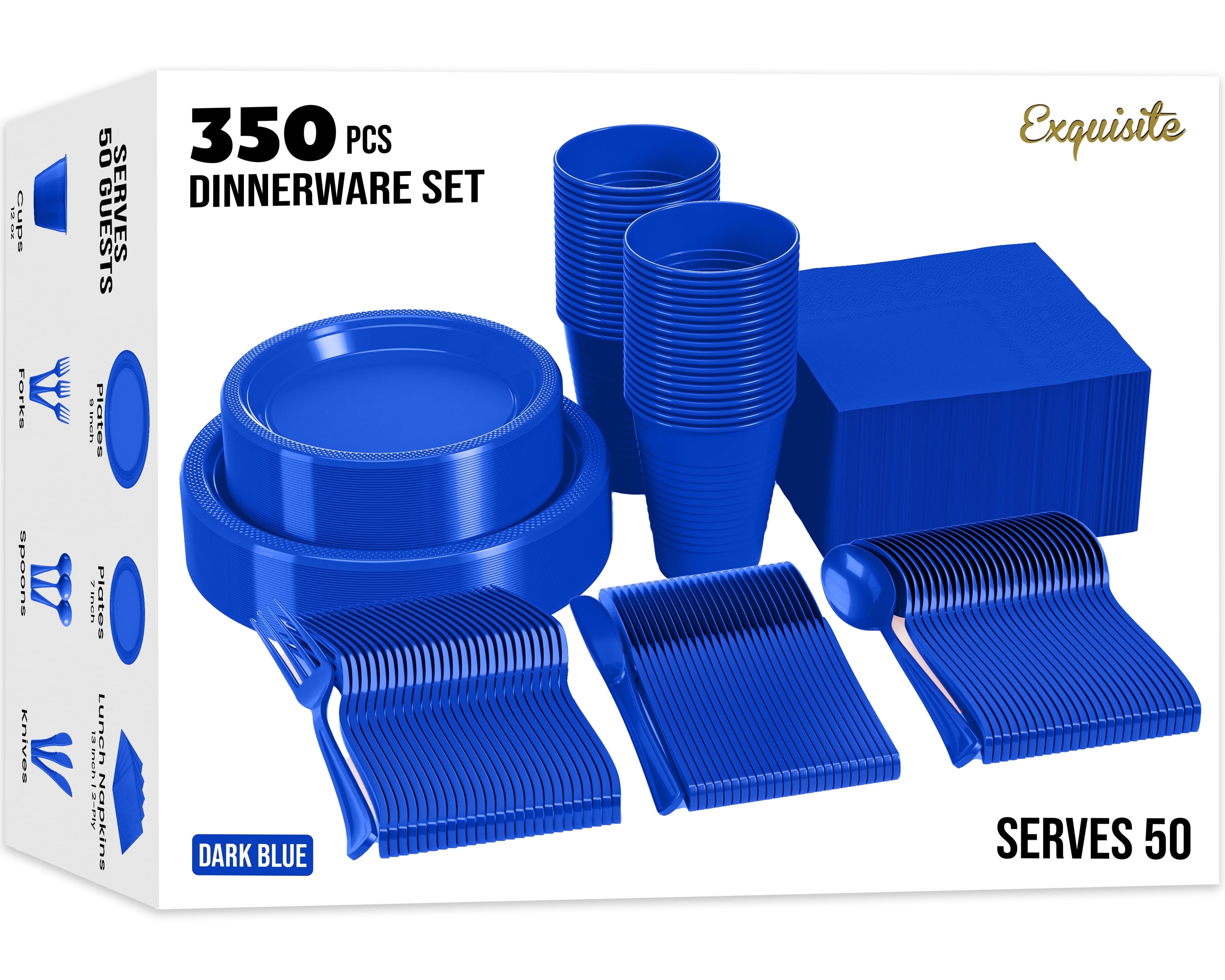 Exquisite, Party Plates & Tableware Set, 350 Piece Dark Blue Plastic ...