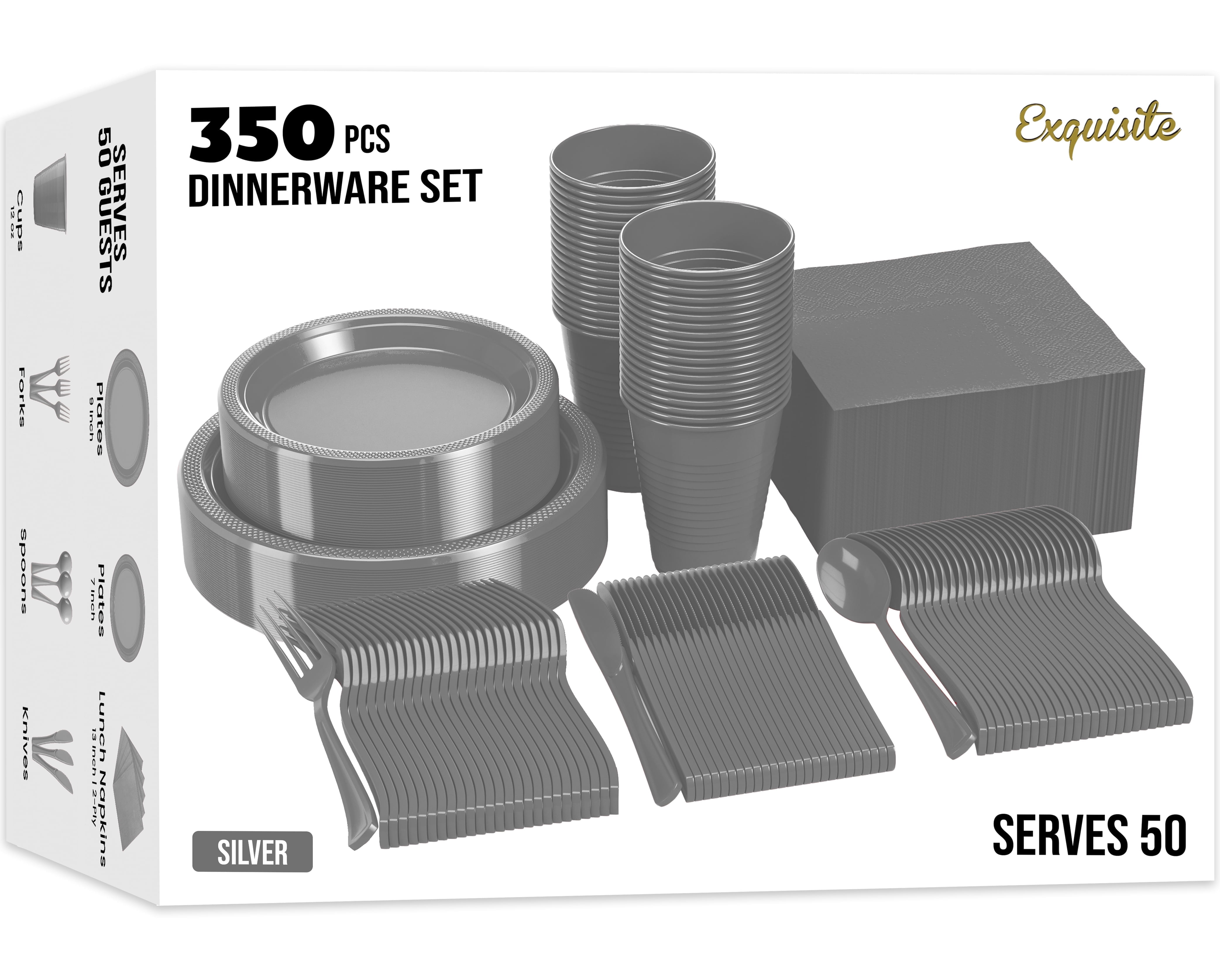 Exquisite 350-Piece Silver Plastic Disposable Party Tableware Set ...