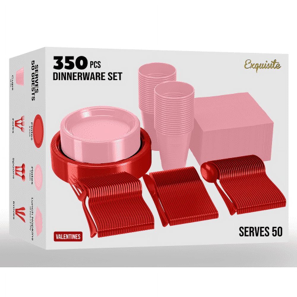 Exquisite 350 Piece Red and Pink Plastic Tableware Set, Disposable ...