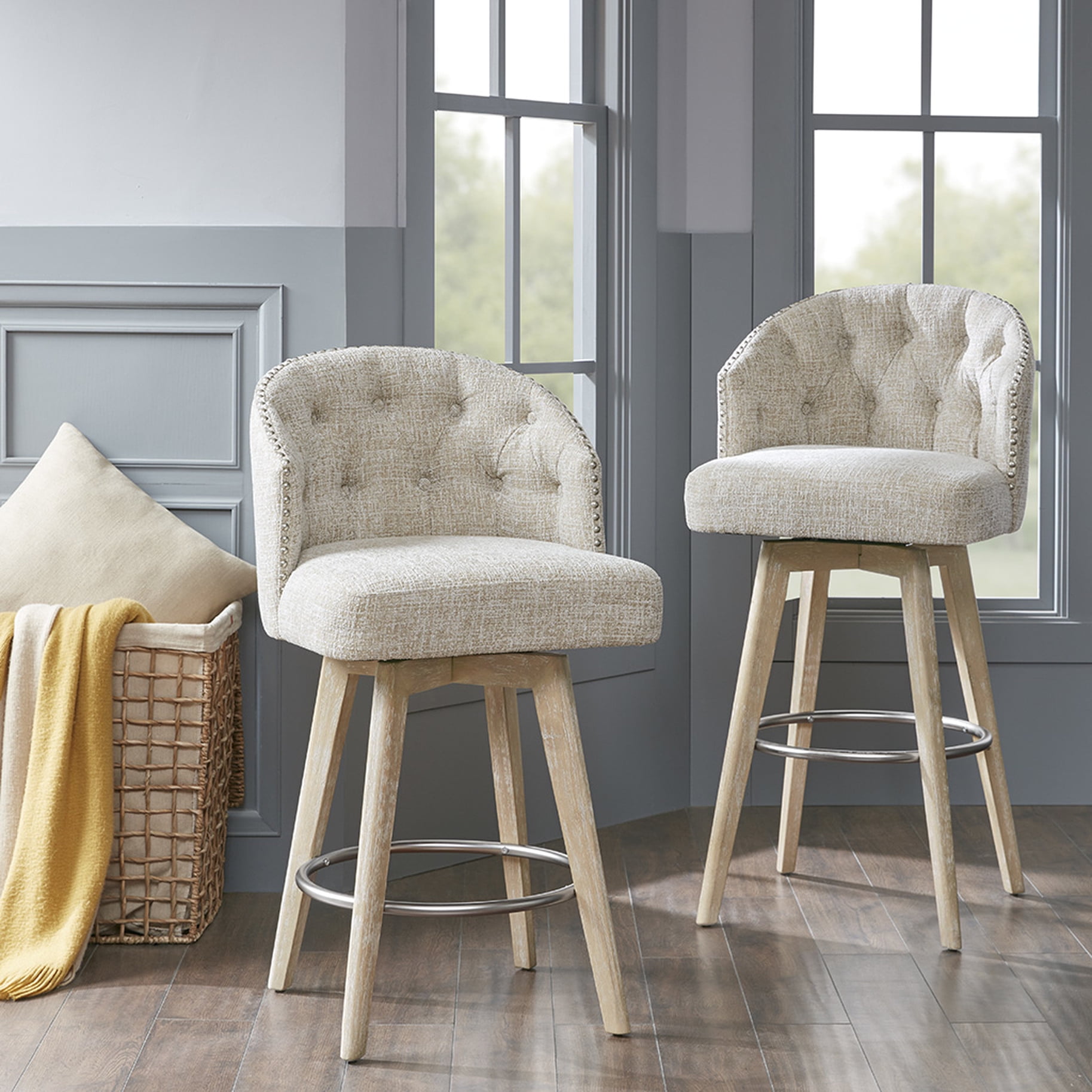 Exquisite 360 Degree Swivel Counter Stool - Cream Upholstery, Button ...