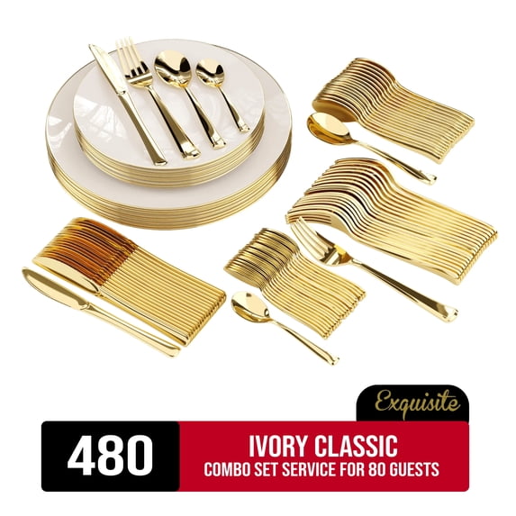 Exquisite 480 Piece Ivory Classic Plastic Combo Set | Serves 80 Guests ...