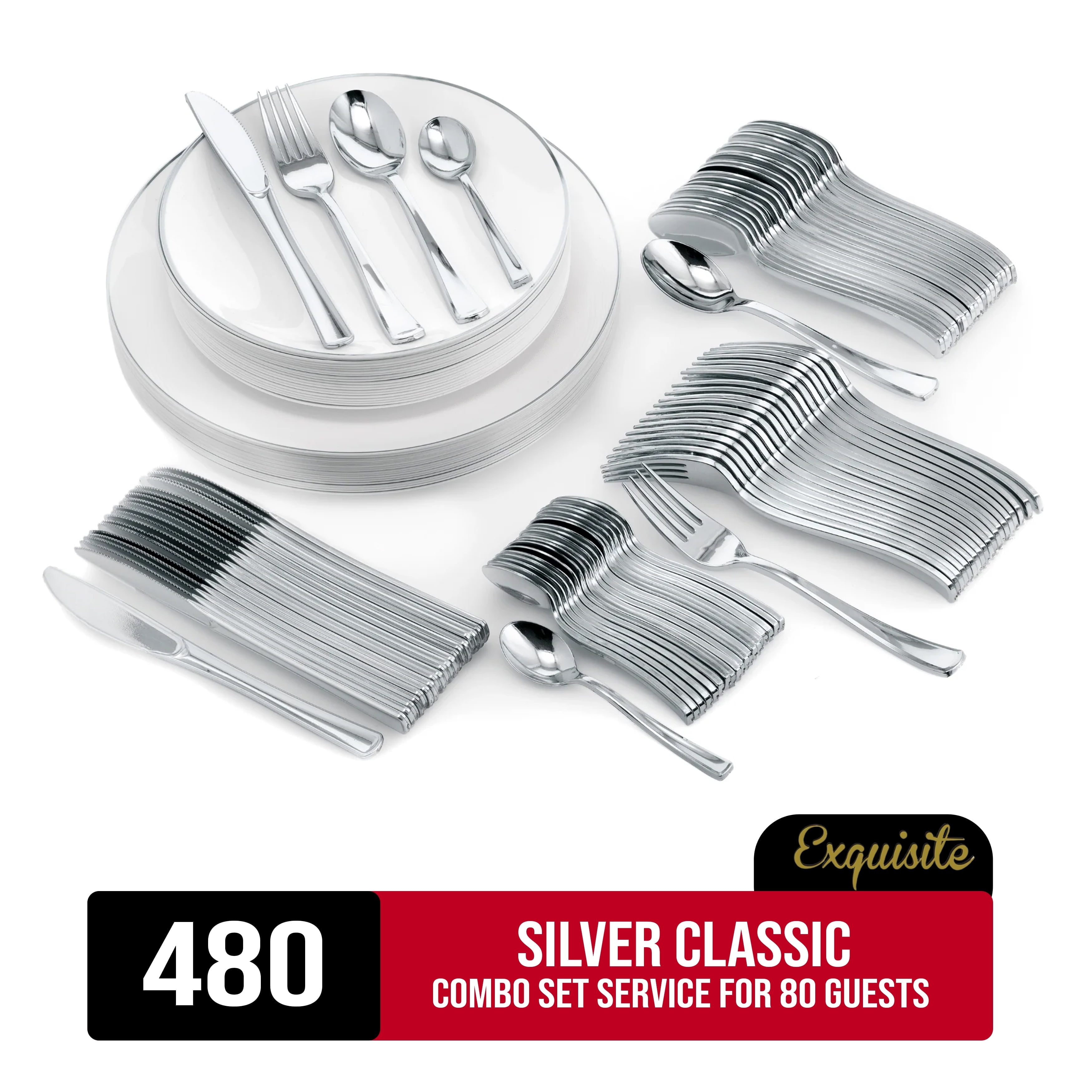 Exquisite 480 Piece Silver Classic Plastic Combo Set | Serves 80 Guests ...