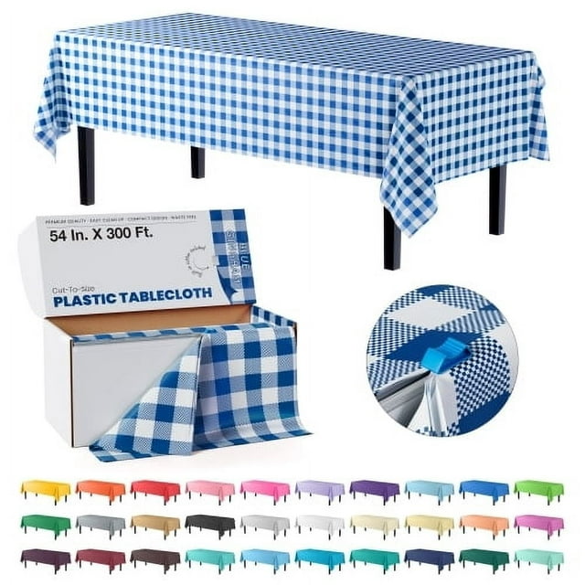 Exquisite 54 Inch X 300 Feet Blue Gingham Plastic Table Cover Roll in A ...