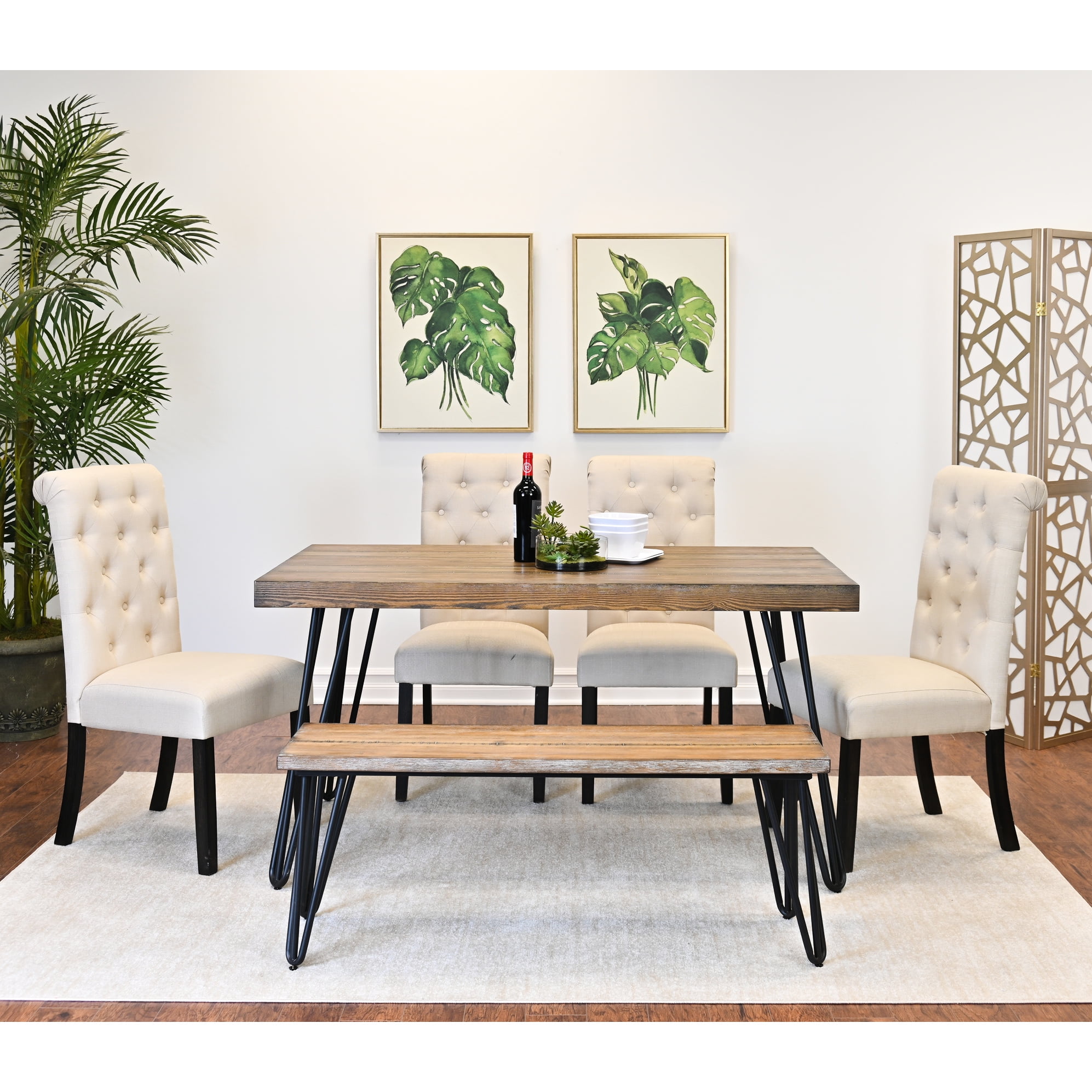 Exquisite 6 Dining: Hairpin Table, 4 Chairs, Bench, Rustic Delight ...