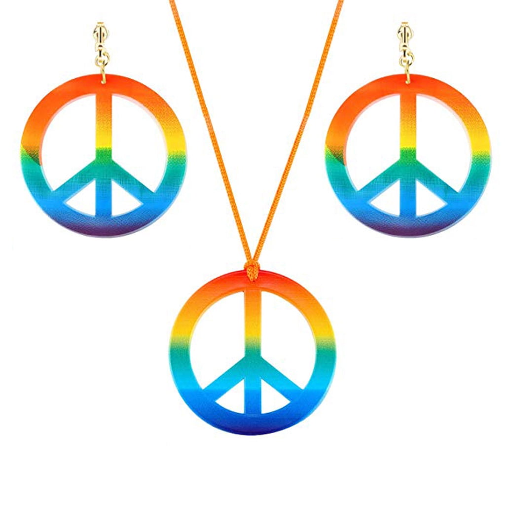 Exquisite 60s 70s Rainbow Peace Sign Pendant Earrings Necklace Jewelry ...