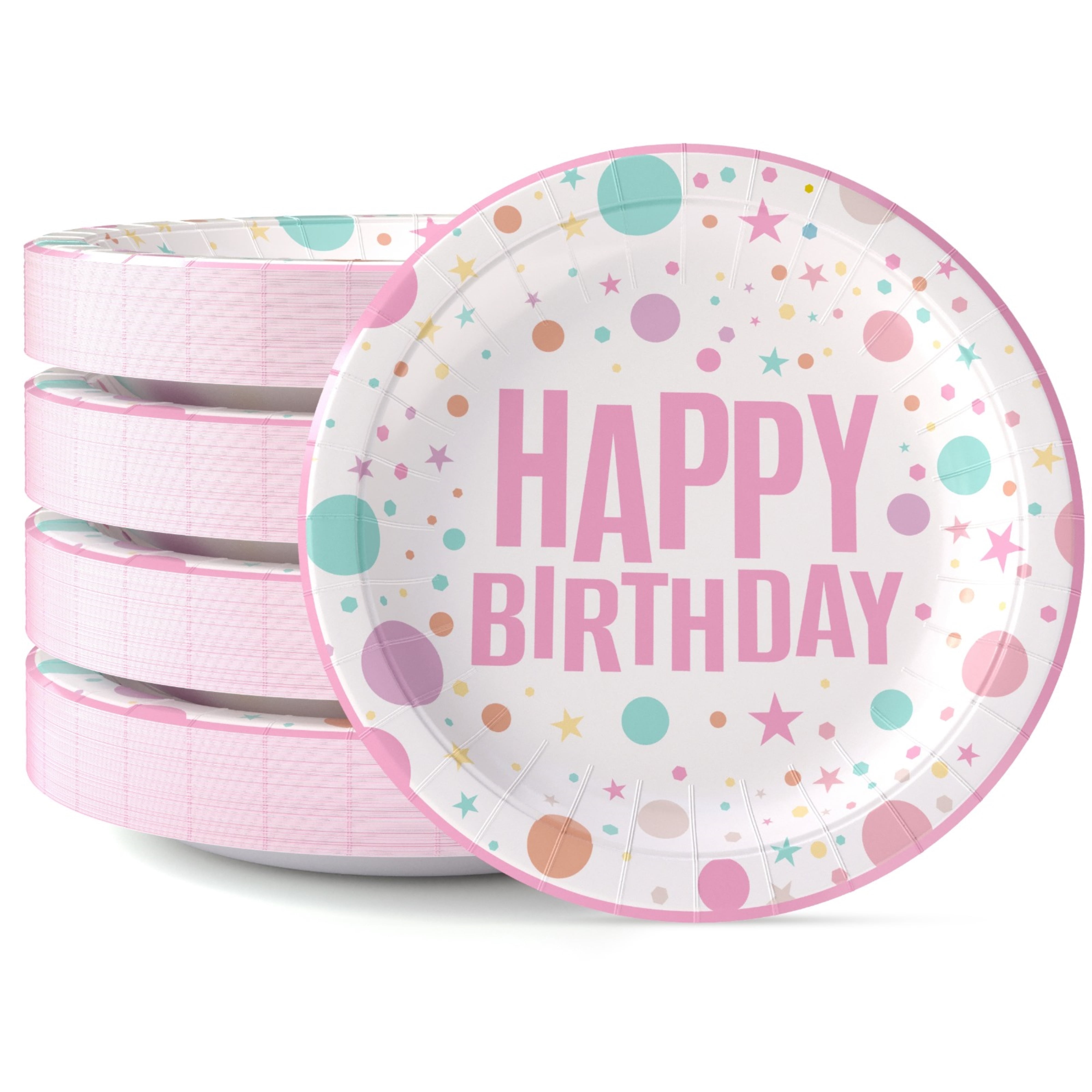 Exquisite 7 In. Pink Birthday Print Party Paper Plates - 100 Ct ...
