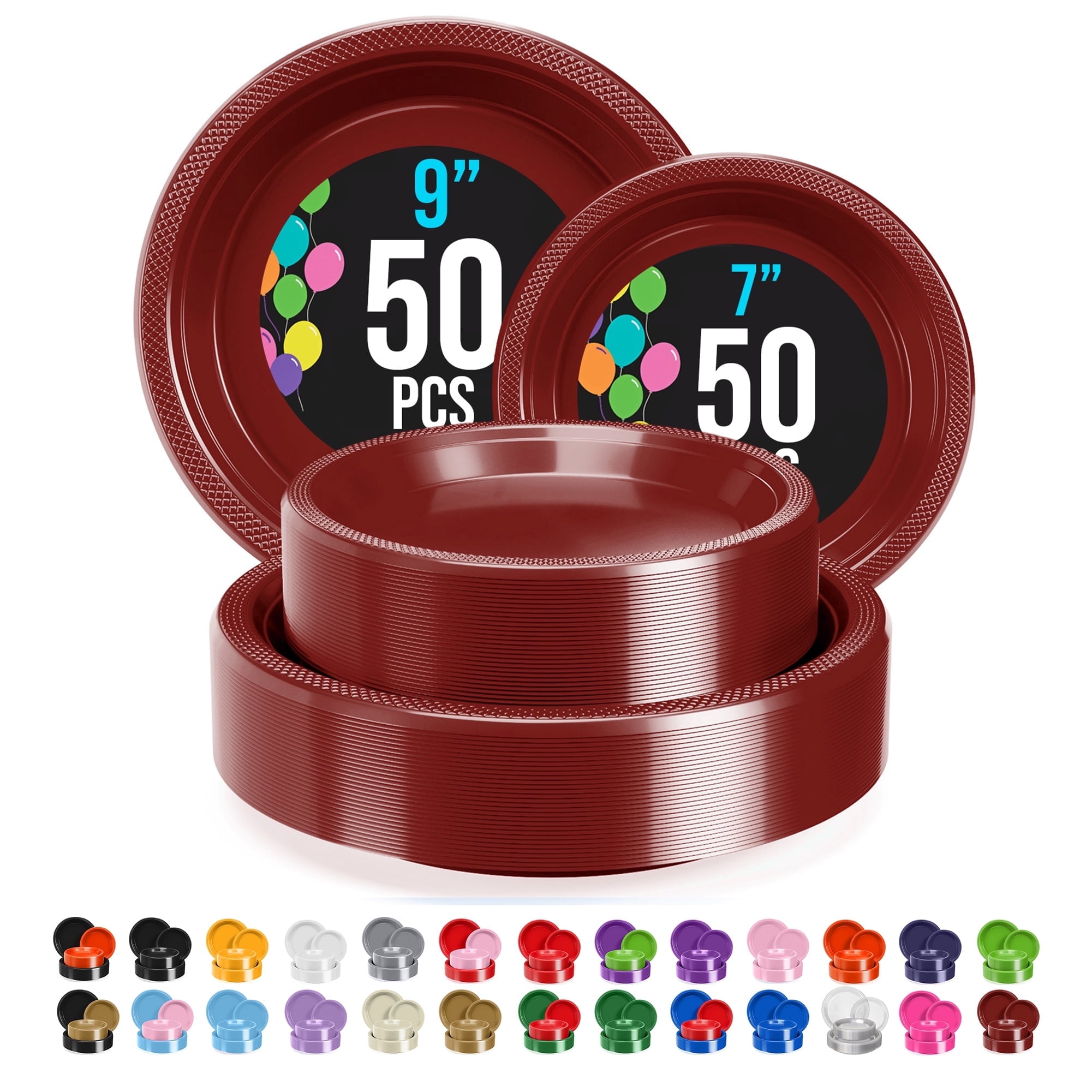 Exquisite Dinner Plate Combo, 100 Pack, 9 & 7 Inch, Burgundy Plastic ...