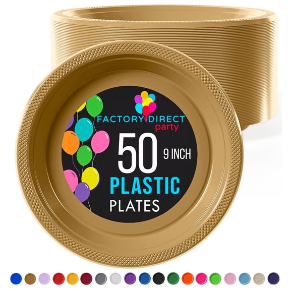 "Exquisite Gold 9"" Disposable Plates - Bulk 50 Count Party Plastic ...
