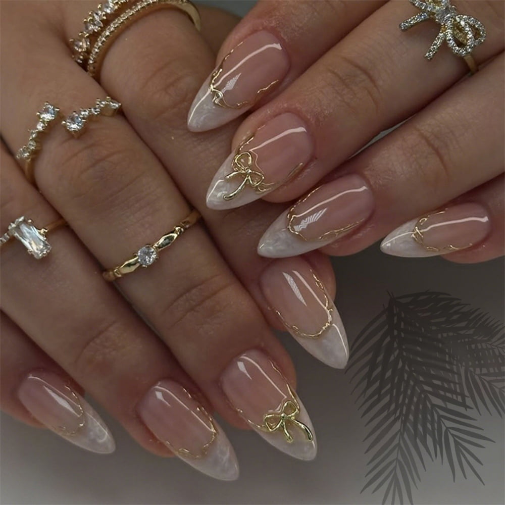 Exquisite Almond Gold Rimmed Bow Knot Wearable Nail Tips for Women ...