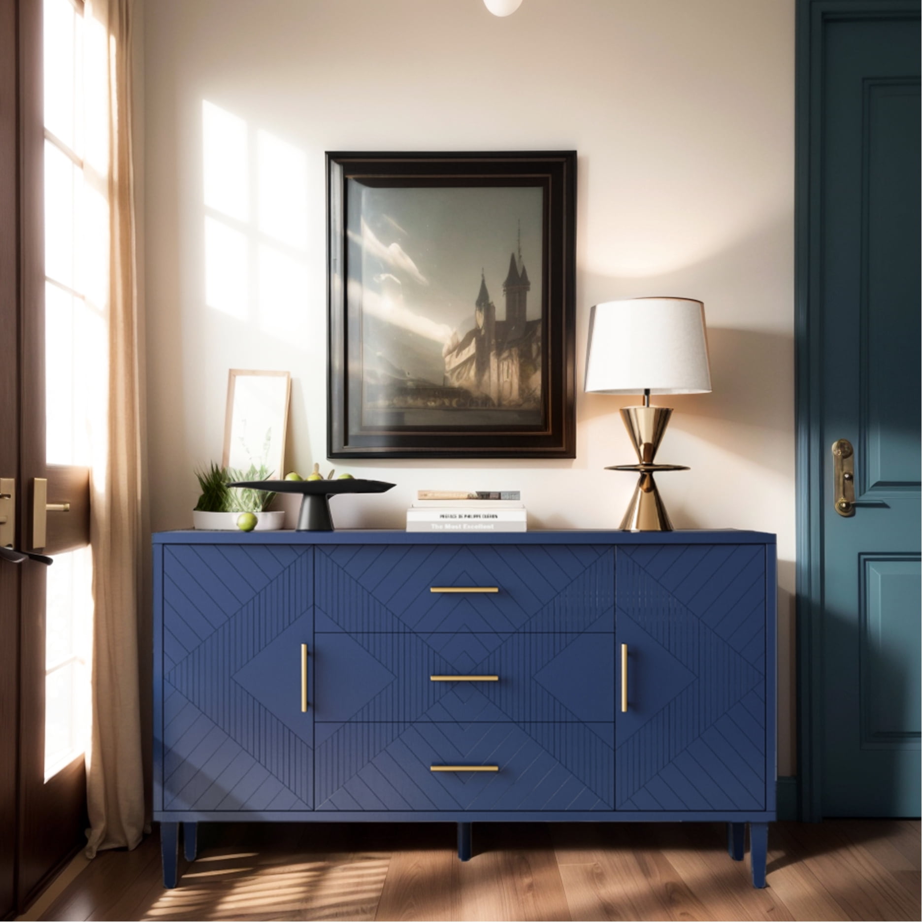 Exquisite Cabinet With Pattern In Navy Blue. 2 Doors, 3 Drawers. For ...
