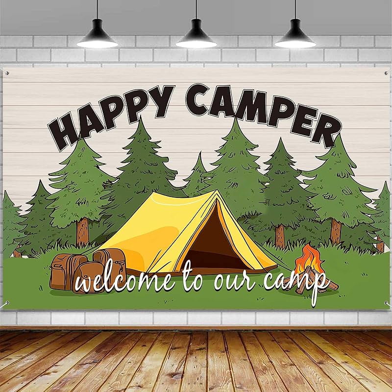 Exquisite Camping Banner Backdrop, Happy Camper Campfire Forest Themed ...