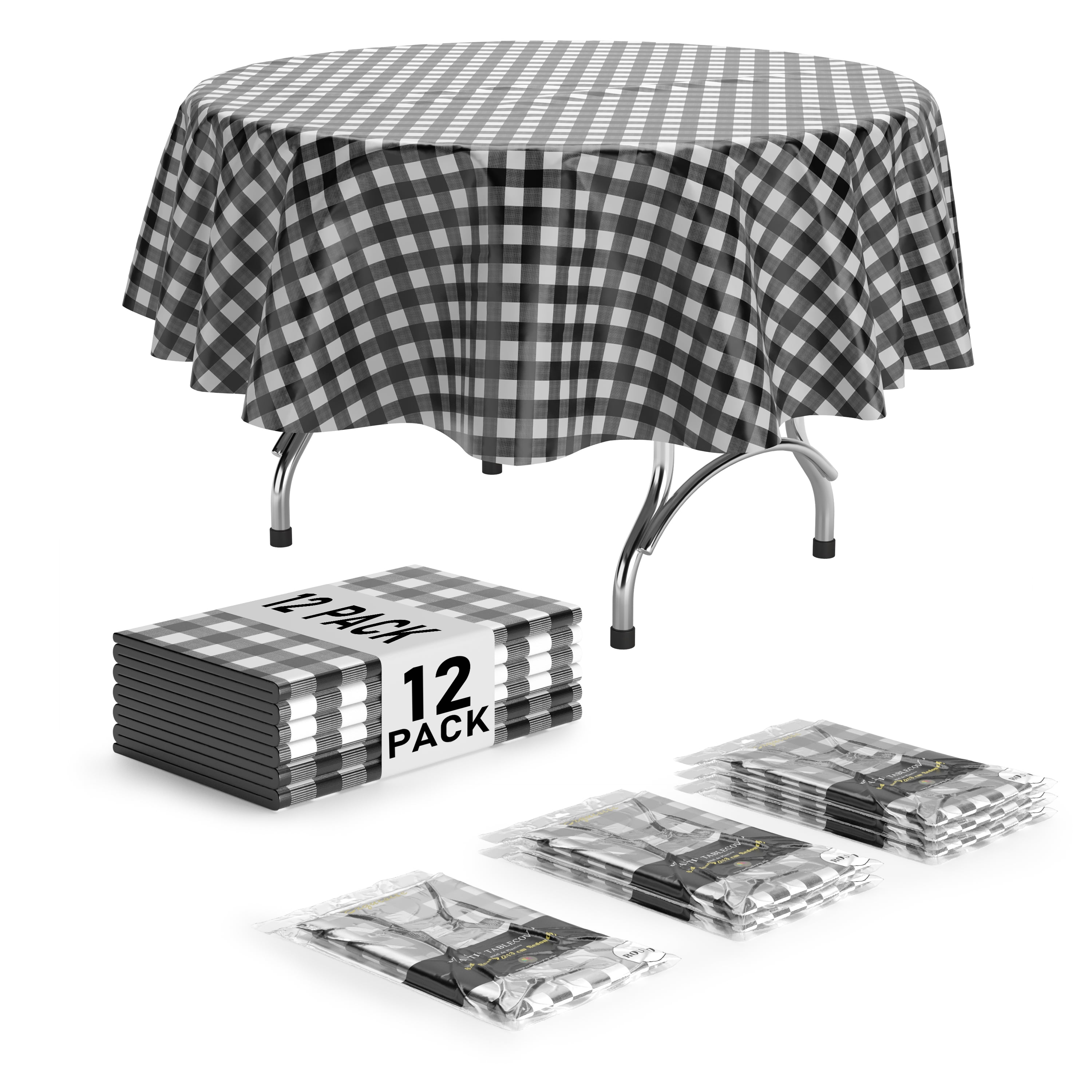 Exquisite Classic 84 in Round Checkered Plastic Tablecloth, 12-Pack ...
