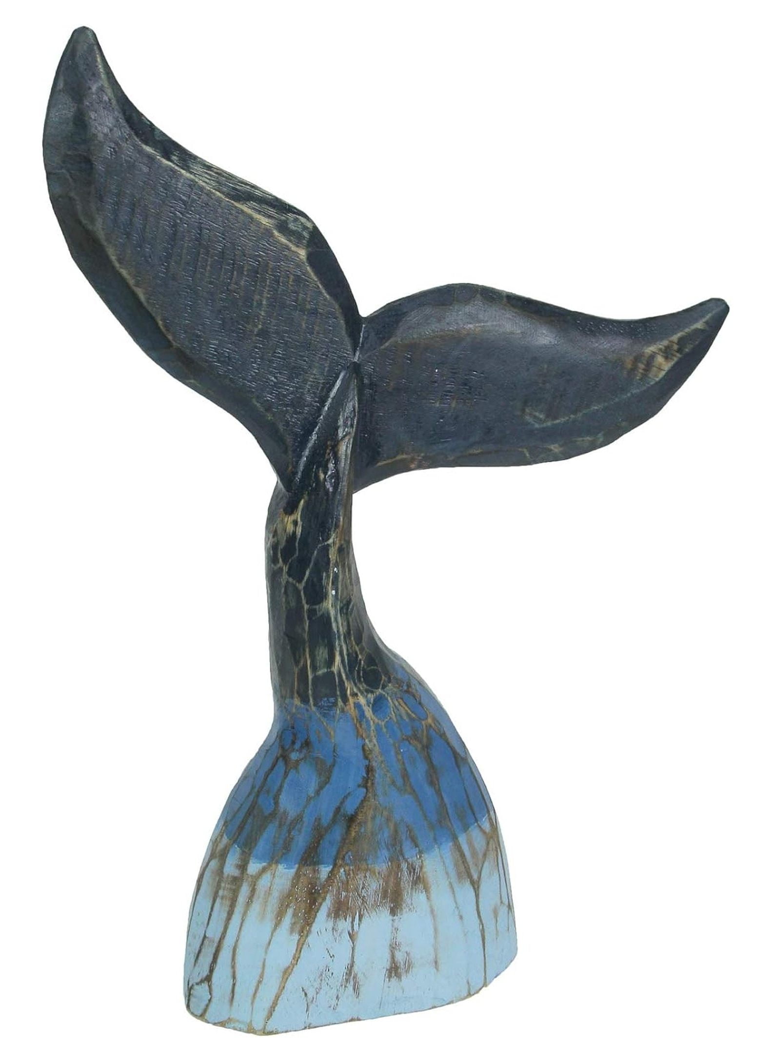 Exquisite Coastal Blue Carved Wooden Whale Tail Sculpture - 16-Inch ...
