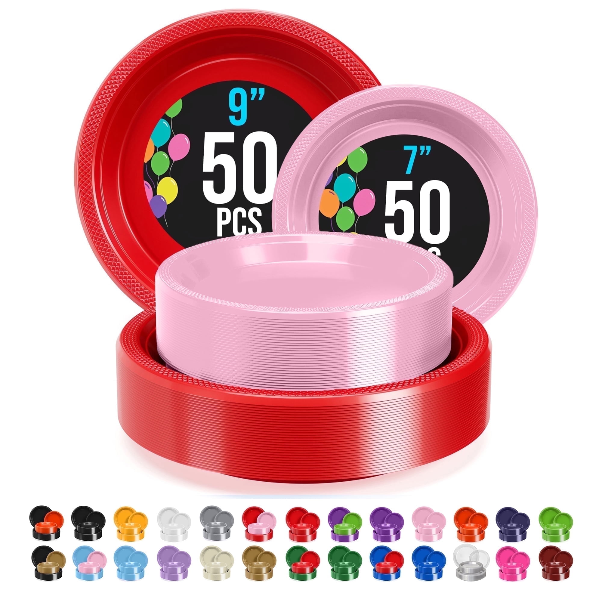 Exquisite Dinner Plate Combo 100 Pack 9 & 7 Inch Red and Pink Plastic ...