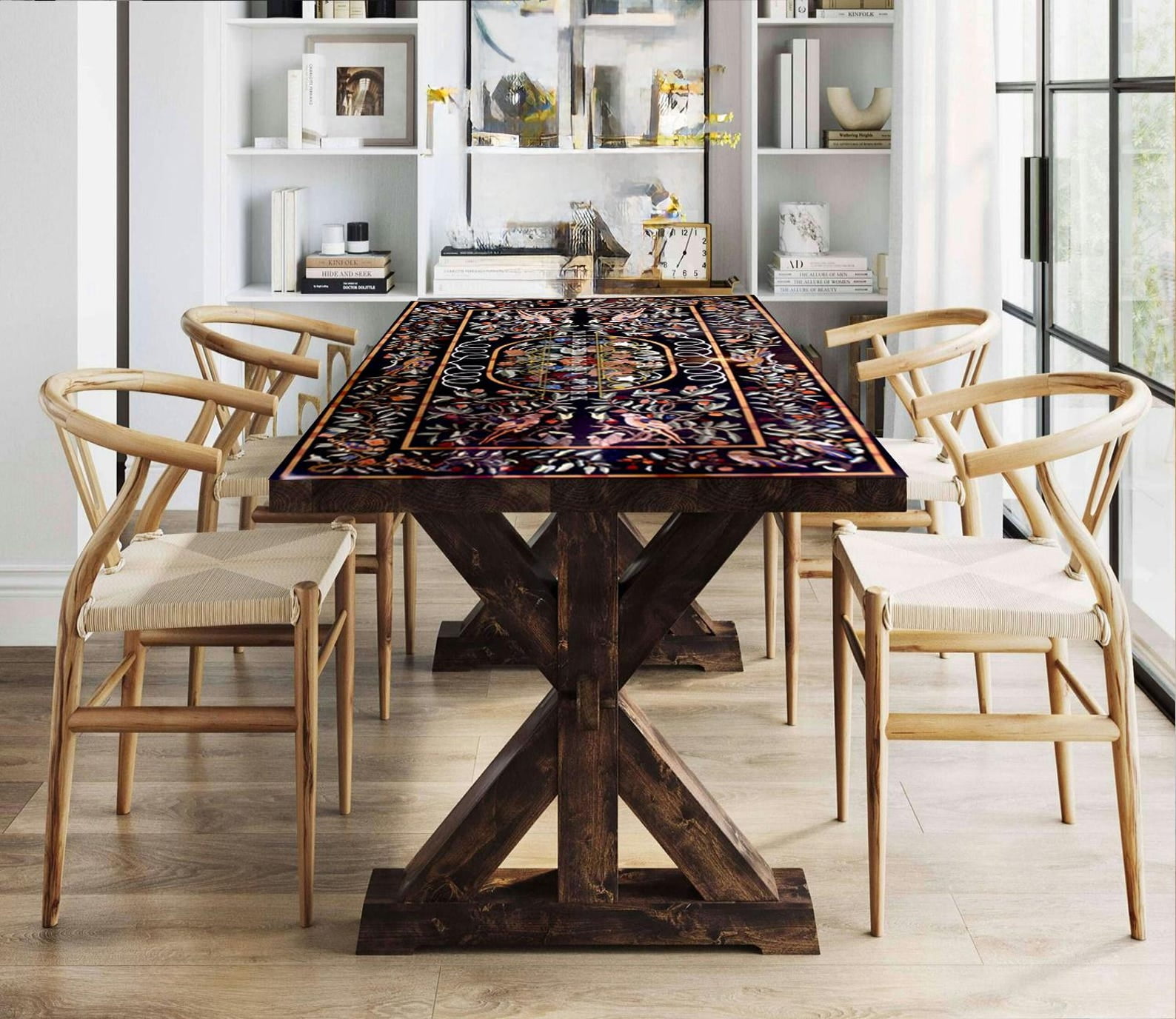 Exquisite Handmade Black Marble Dining Table Top with Intricate Semi ...