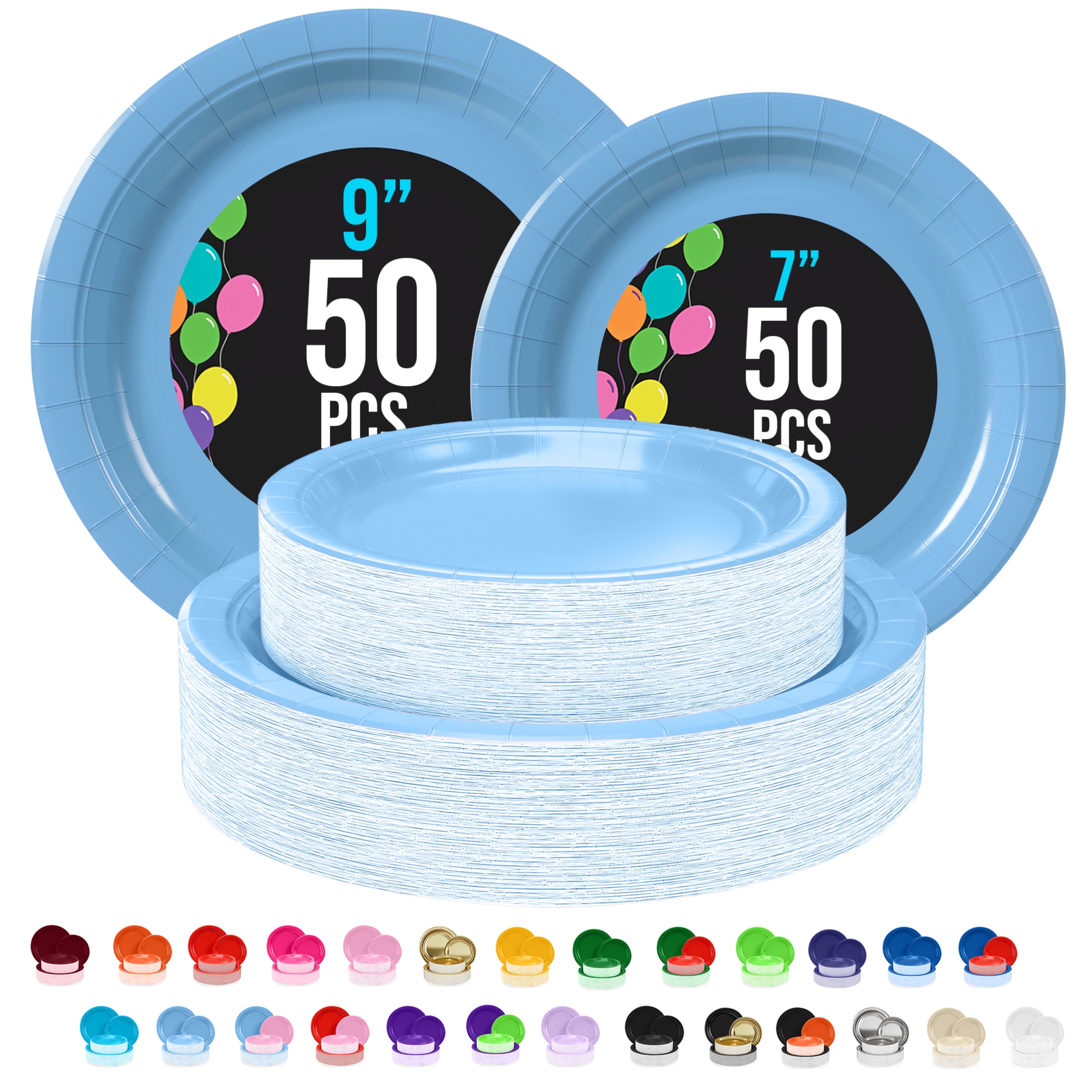 Exquisite Light Blue Paper Plates Disposable 100 Pcs - 50-7" & 50-9 ...