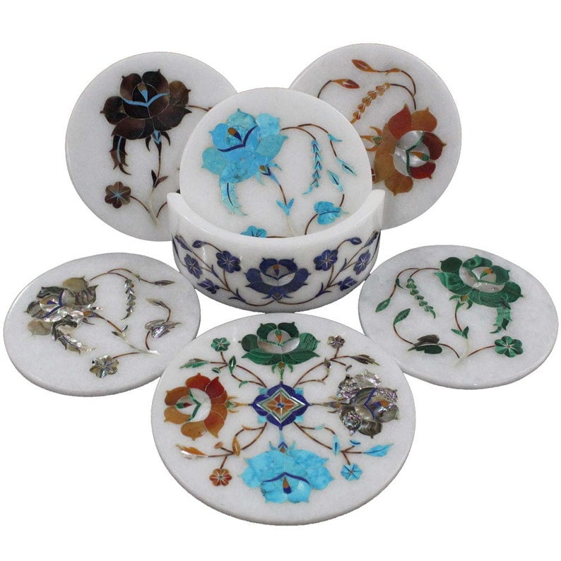 Exquisite Marble Inlay Coaster Set – Natural Stone Design for Elegant ...