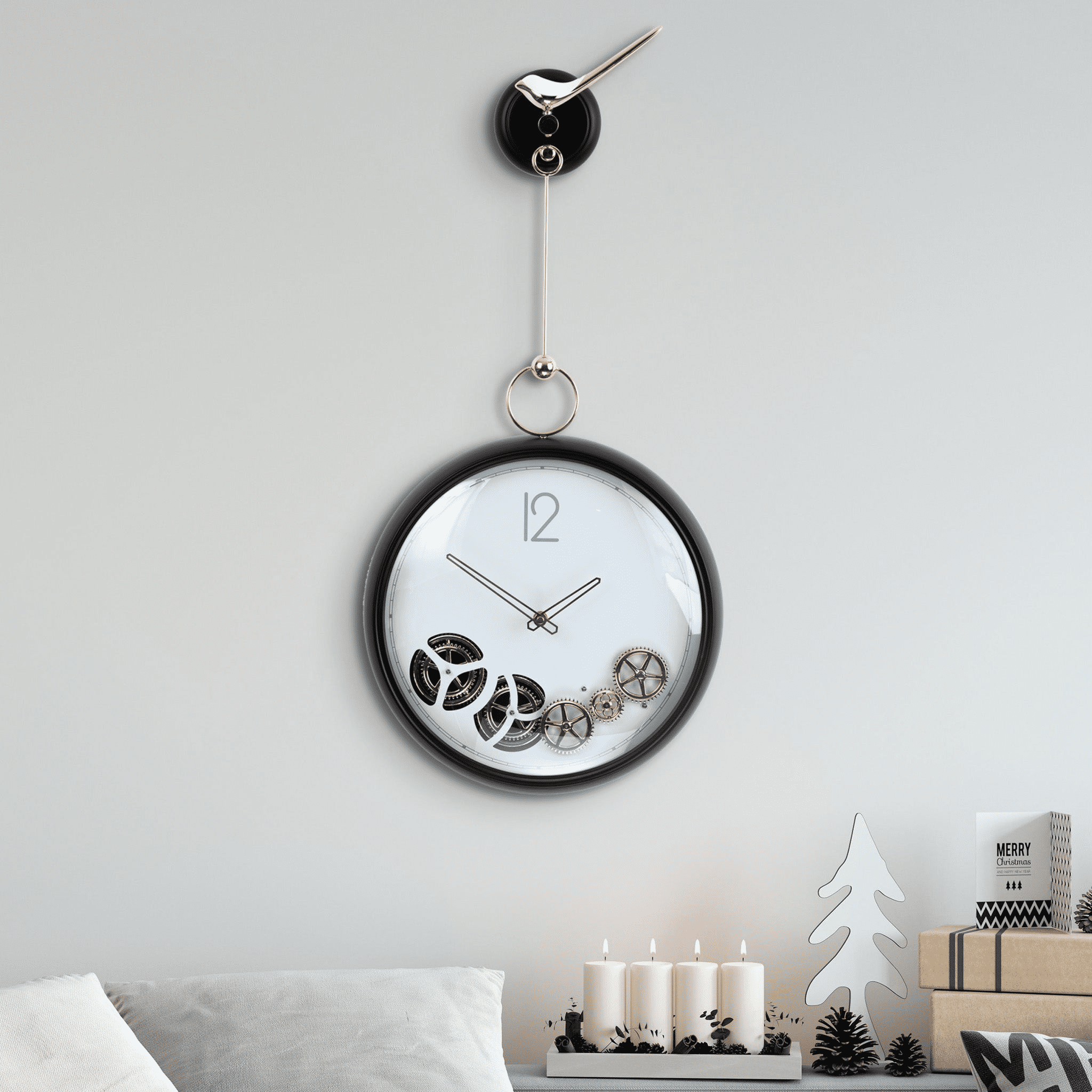 Exquisite Metal Wall Clock with Moving Pendulum Gears, Modern Black ...